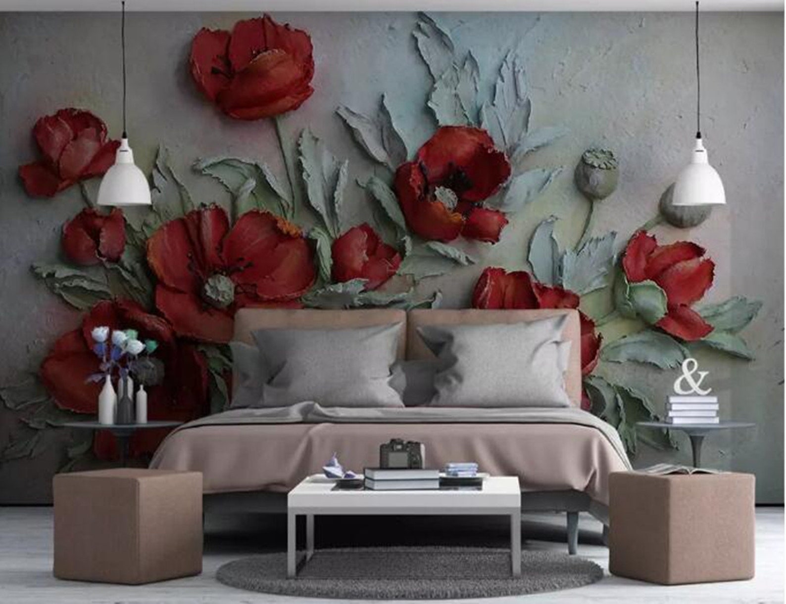 3d Embossed Floral Wallpaper Red Poppy Flower Wall Mural Big Etsy