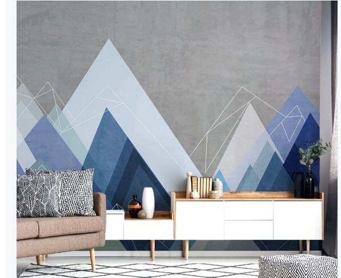 Hand Painted Blue Geometry Wallpaper Mural Colorful Triangle | Etsy