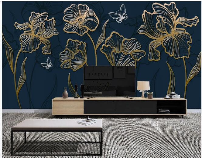 Modern Luxury Golden Embossed Line Flowers Photo Murals Living | Etsy