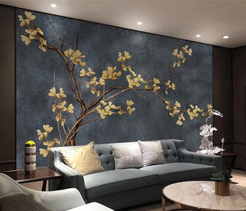 Original Hand-drawn Gingko Fortune Tree Modern TV Background Mural ...