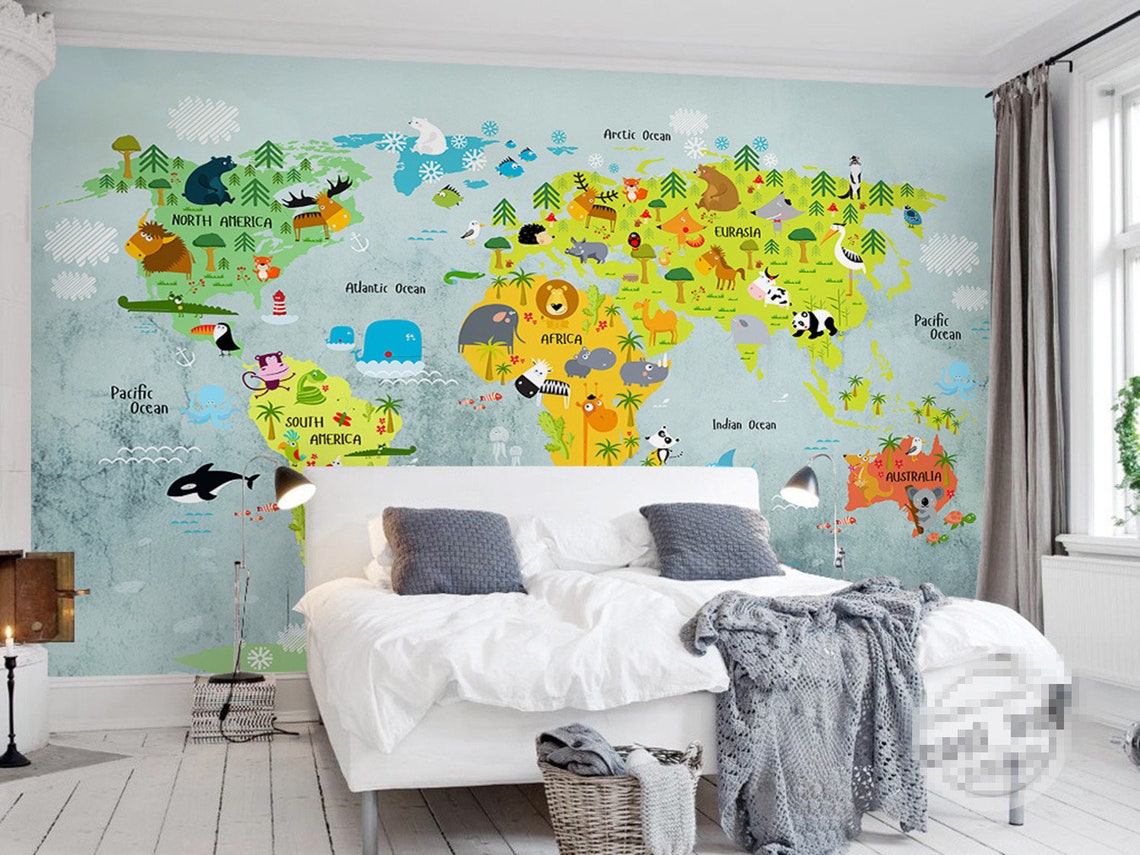 Cartoon World Map Wallpaper Animals Cartoon Map Wall Mural | Etsy
