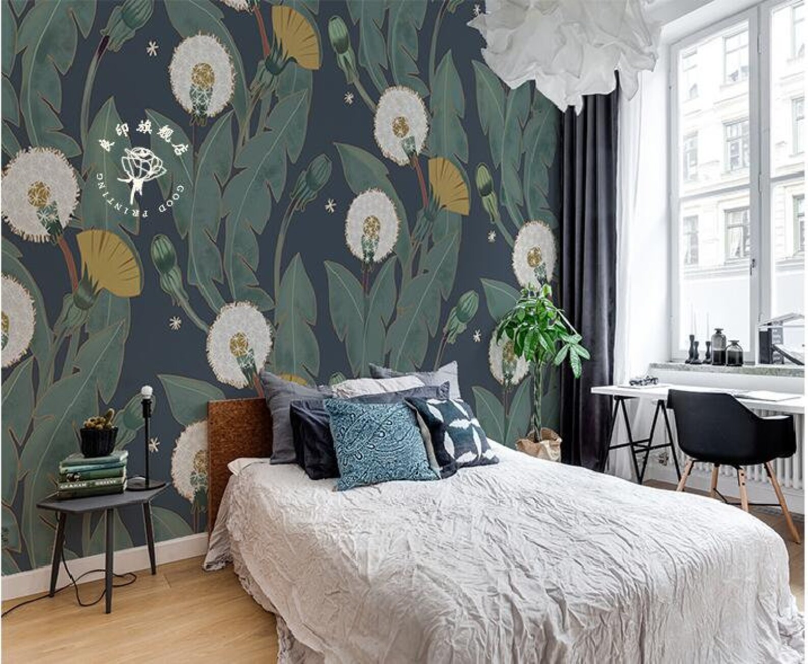 American Style Dark Background Dandelion Wallpaper White | Etsy