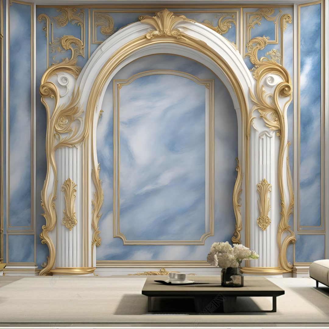 3D A Blue and Gold Wall With Gold Frame White Columns - Etsy