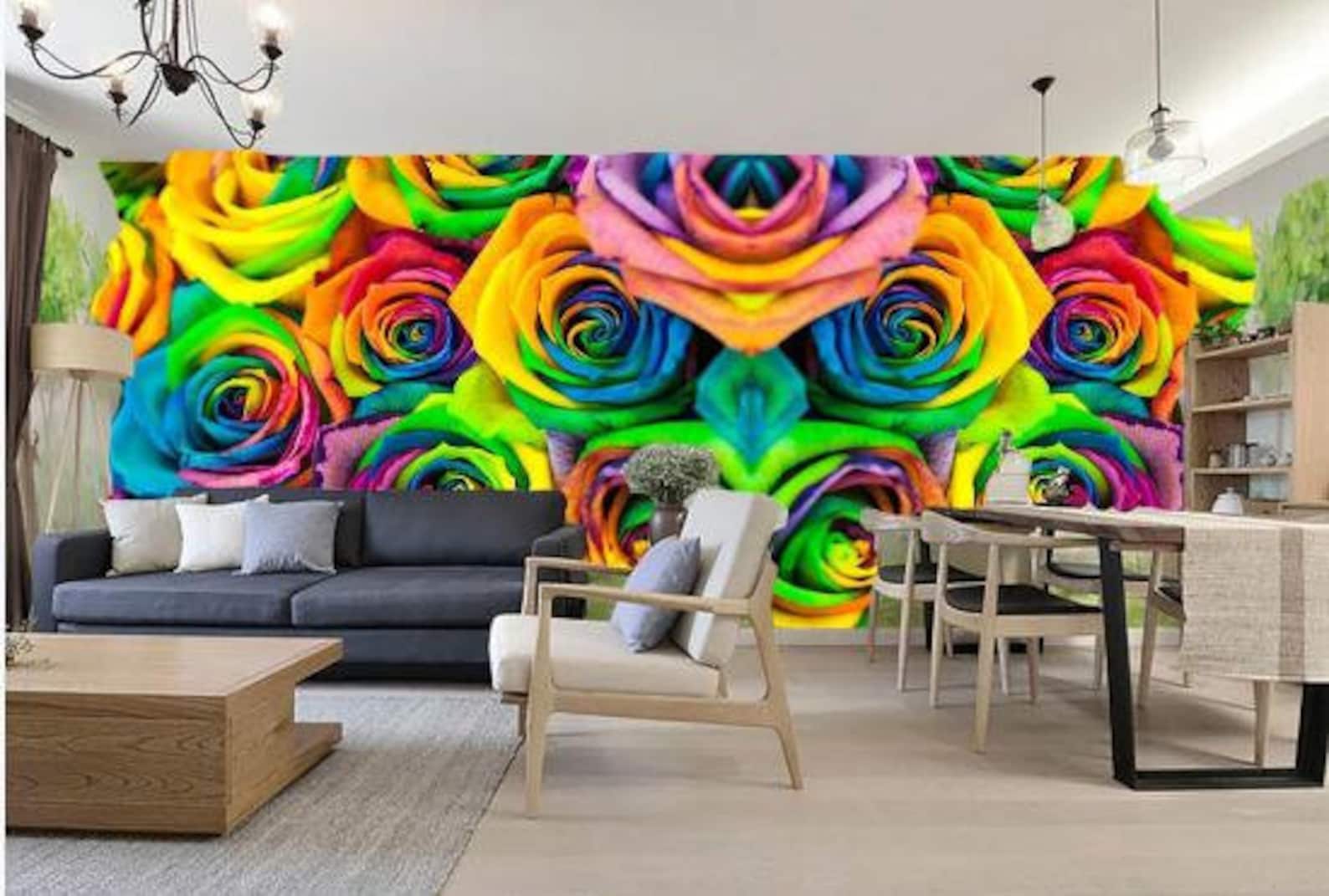 Colorful Big Rose Floral Wallpaper Oil Painting Dutch Rainbow - Etsy