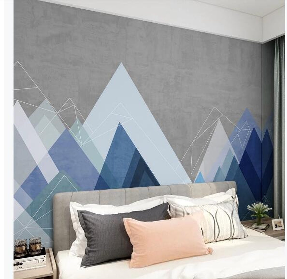 Hand Painted Blue Geometry Wallpaper Mural Colorful Triangle | Etsy