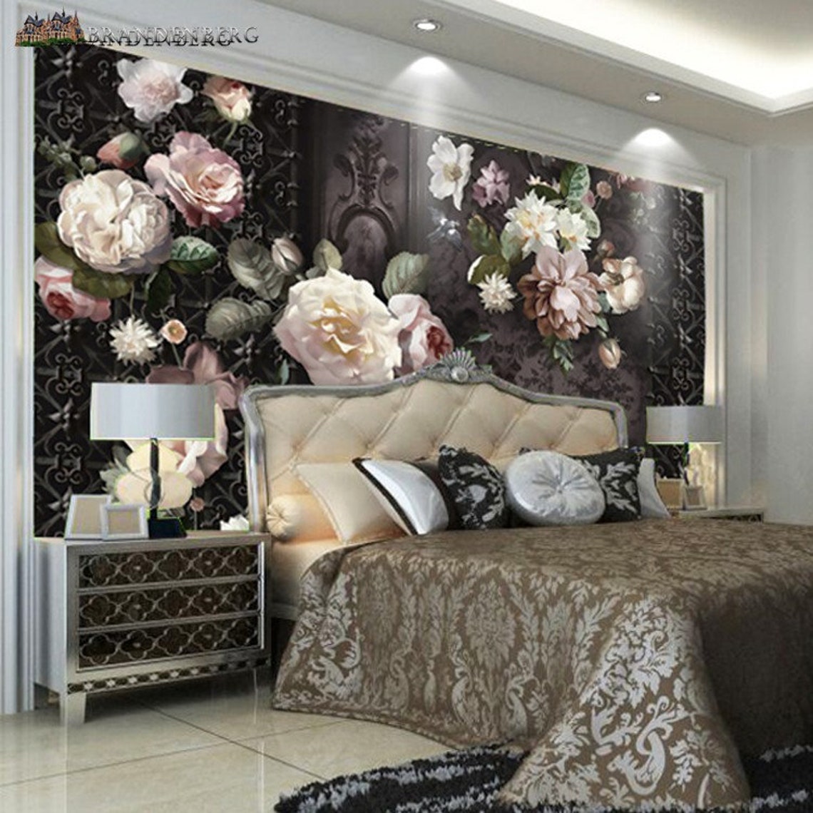 3D Vintage American Style Dark Black Floral Wallpaper Big - Etsy