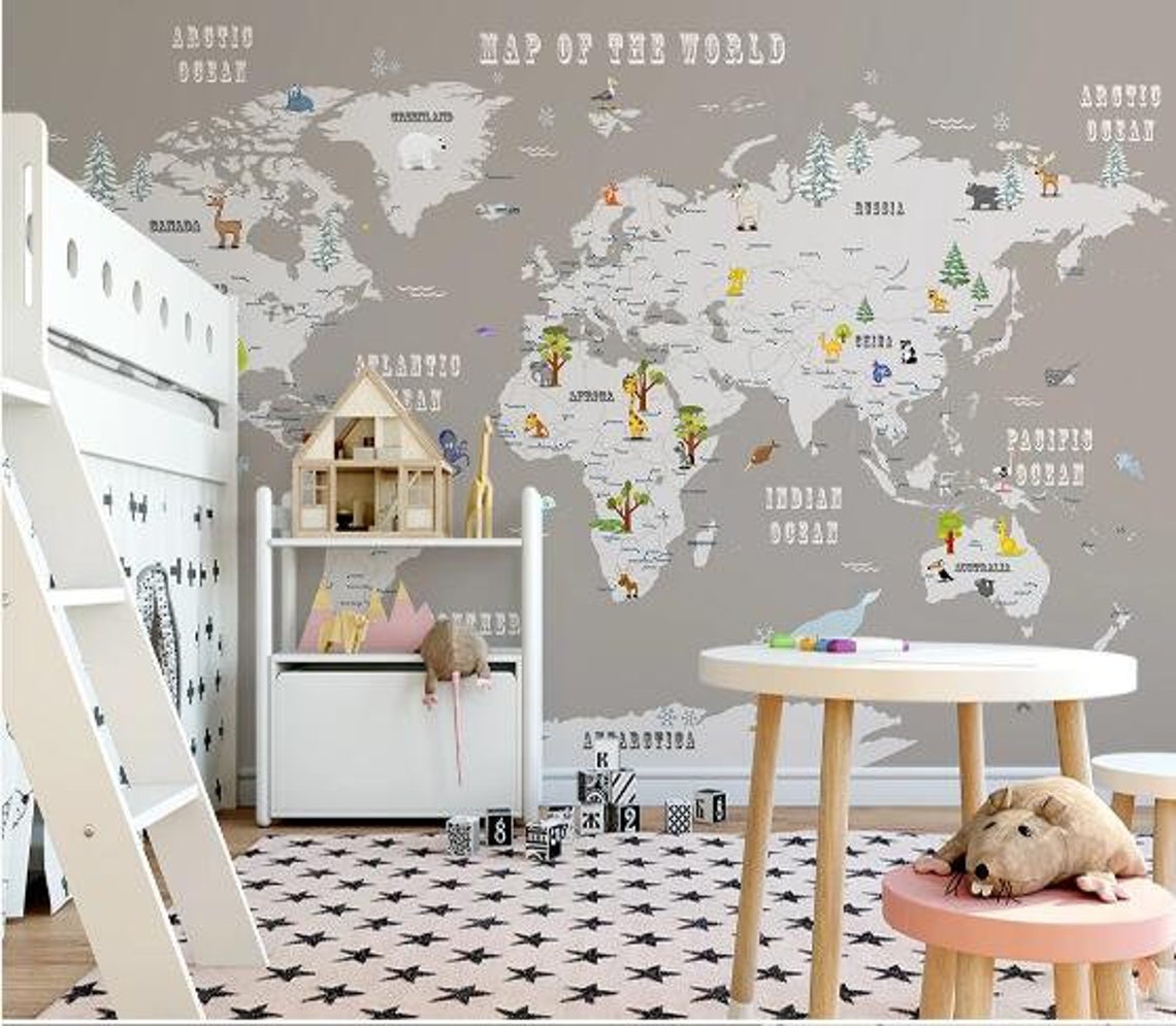 Cartoon World Map Wallpaper Animal Cartoon Map Wall Mural - Etsy UK