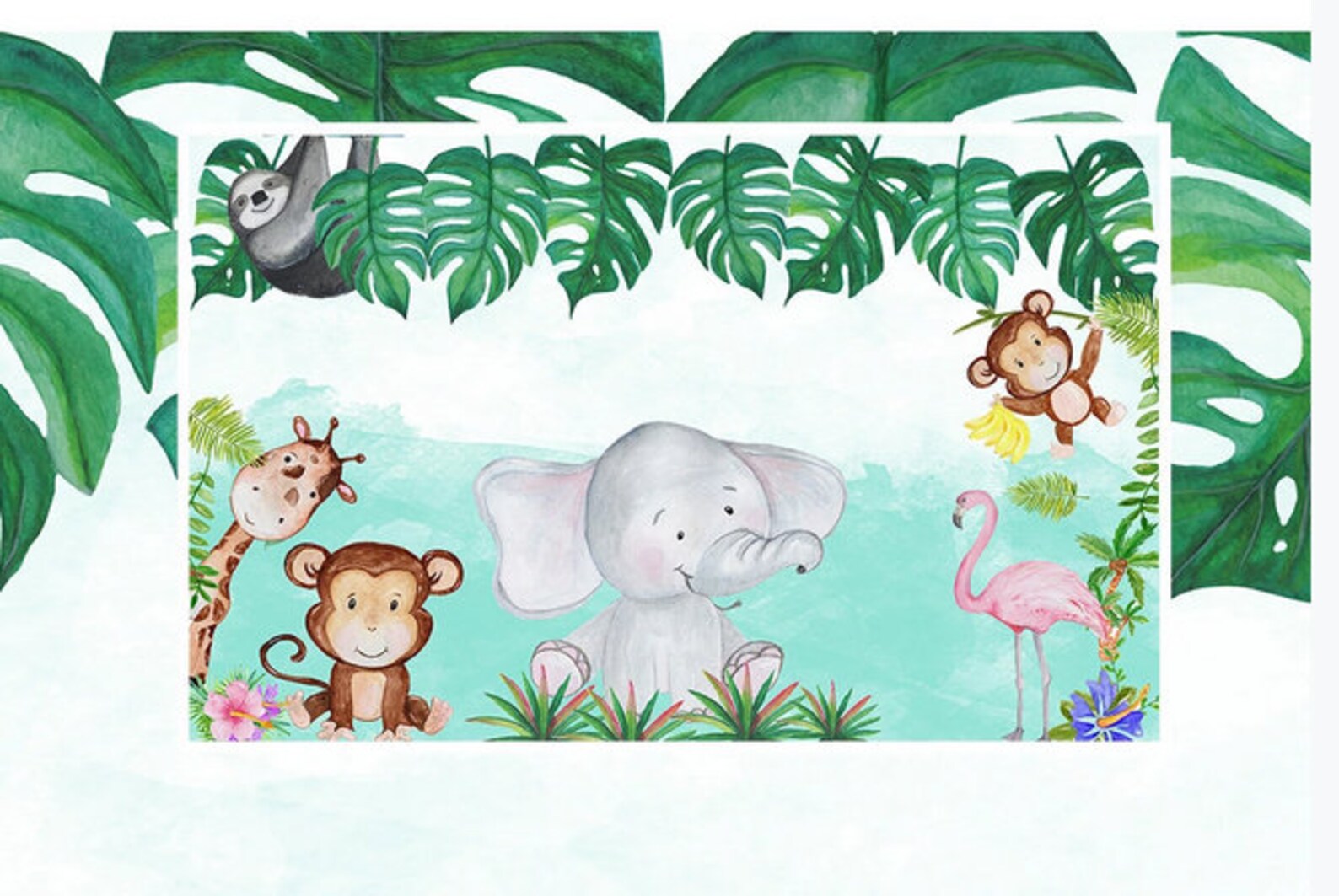 Cartoon Monkey and Elephant Nursery Wallpaper Hanging Banana | Etsy