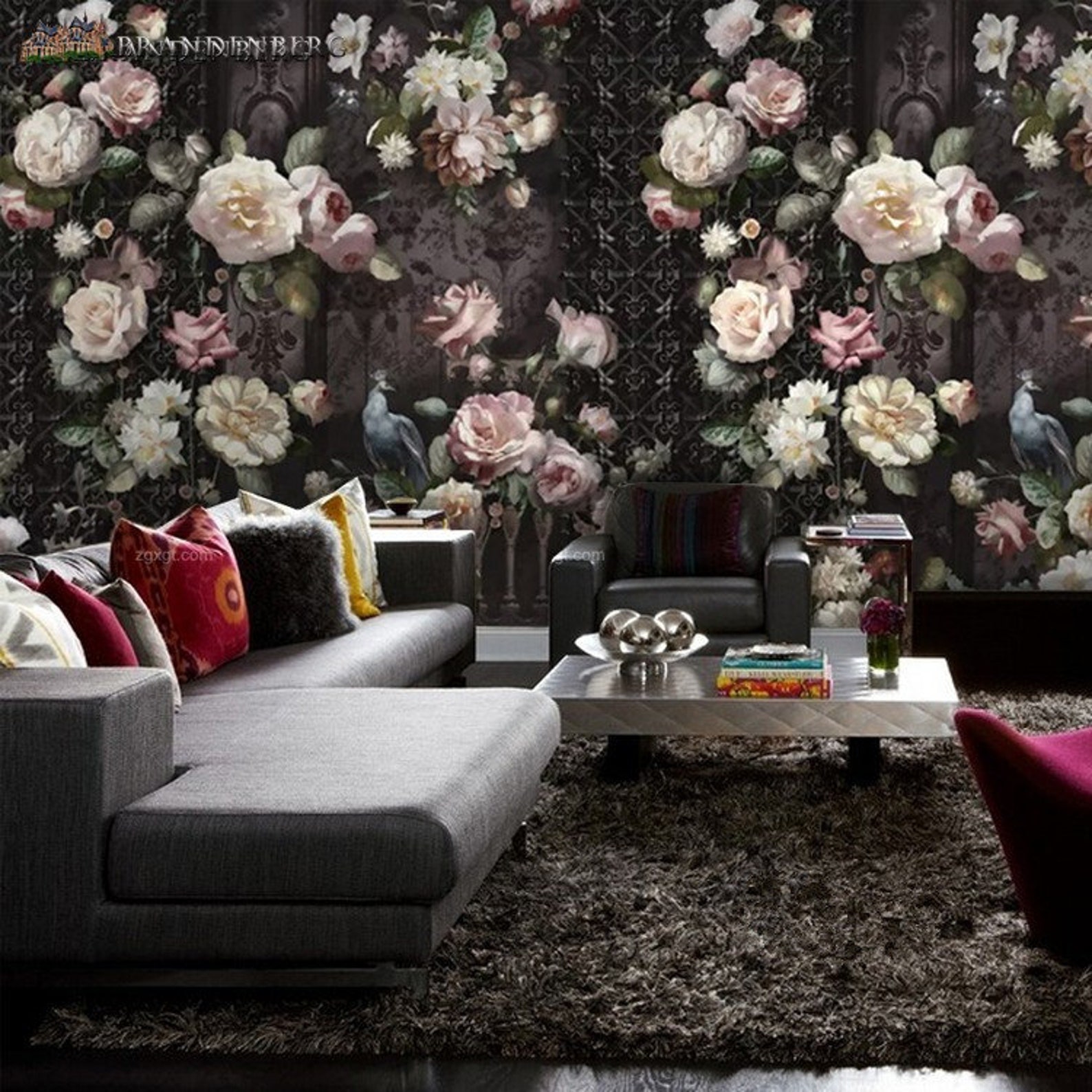 3D Vintage American Style Dark Black Floral Wallpaper Big - Etsy