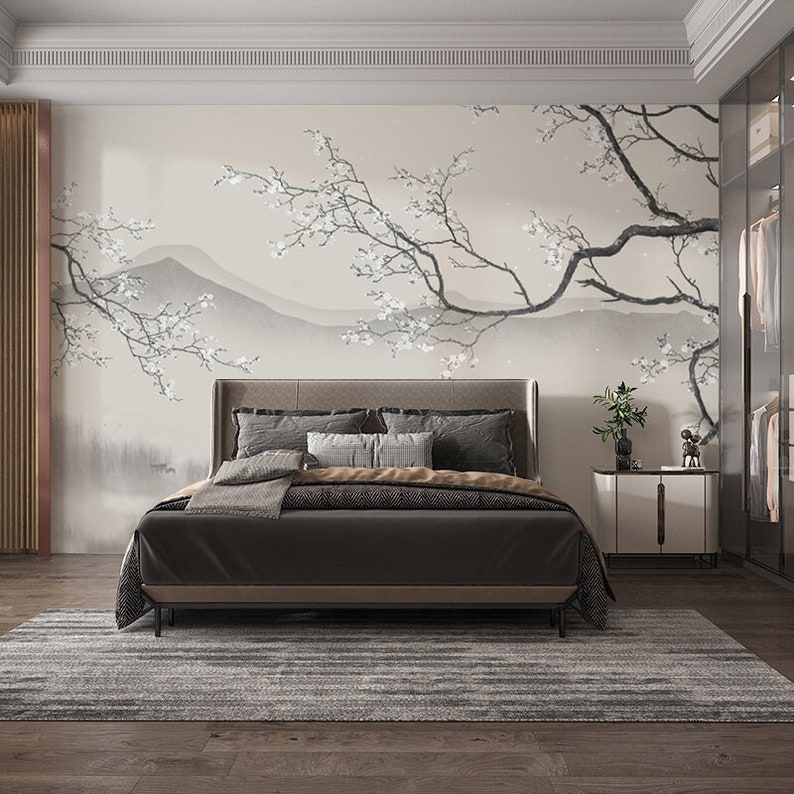 Chinoiserie Brushwork Magnolia Tree With Birds Wallpaper Wall - Etsy