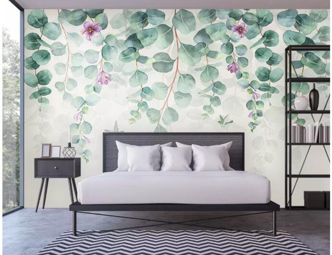 Fresh Hanging Rattan Wallpaper Wall Mural Flying Birds Green | Etsy