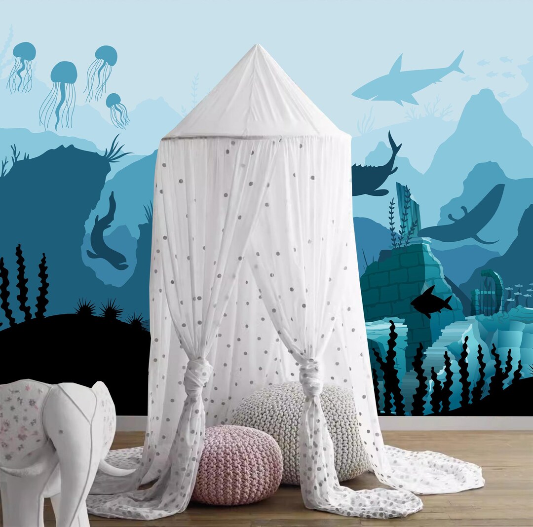 Cartoon Blue Seaworld Fish Jellyfish Nursery Wallpaper Wall Mural Wall ...