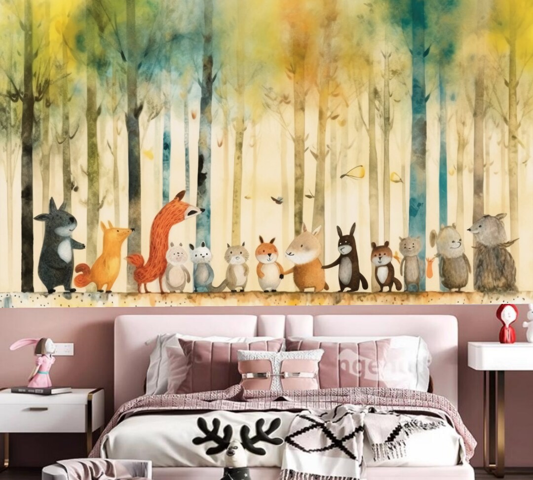 Cartoon Animal Forest Wallpaper Mural - Kids Nursery Decor - Etsy