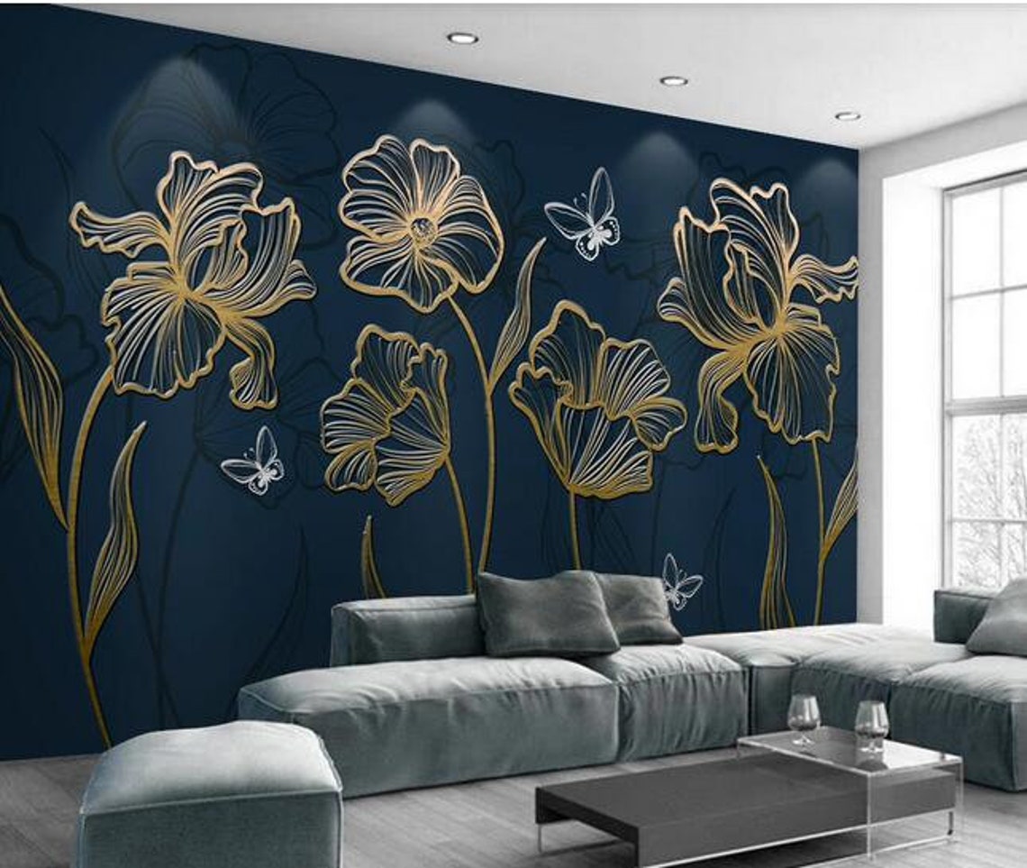 Modern Luxury Golden Embossed Line Flowers Photo Murals Living | Etsy