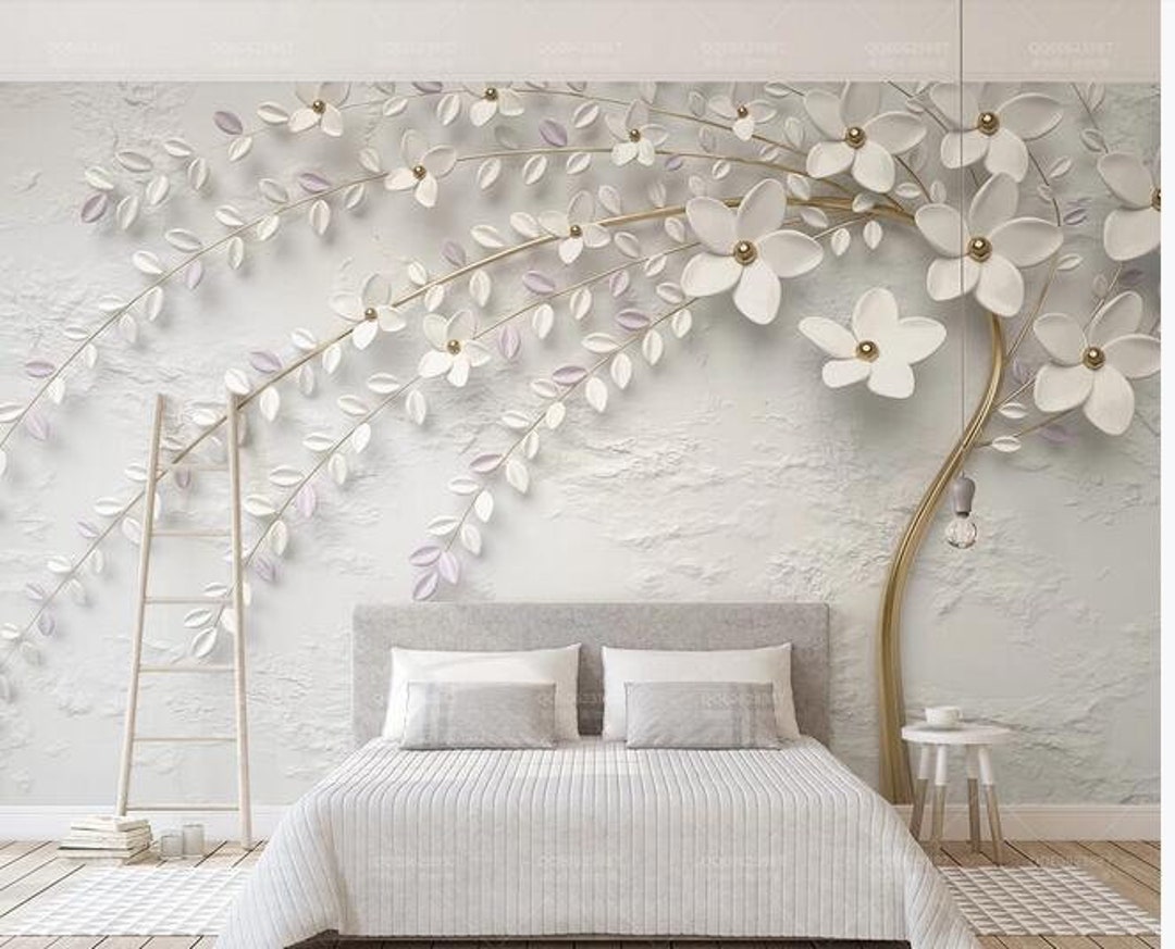 Modern Abstract Art Mural Wallpaper 3D Stereo White Flowers Tree Living ...