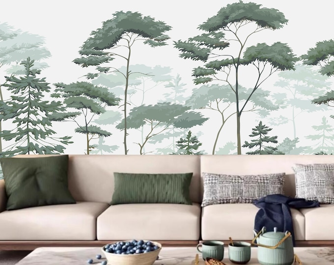 Forest Wallpaper Pine Tree Wall Mural Forest Wall Art Landscape Peel ...