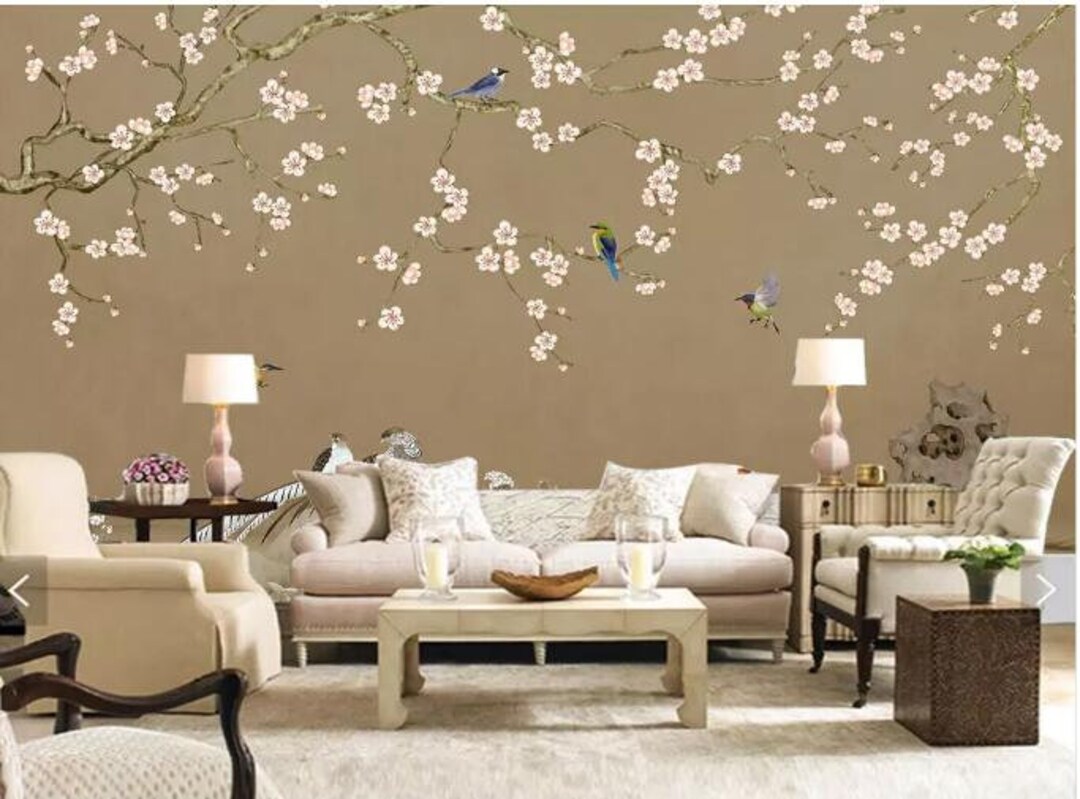 Fine Brushwork Chinoiserie Cherry Tree Wallpaper Wall Mural - Etsy