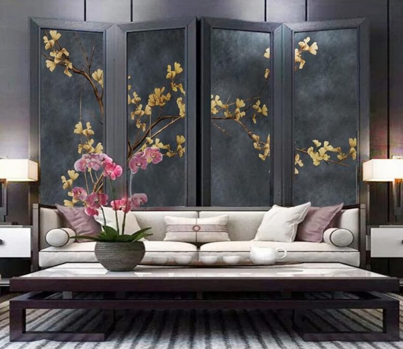 Original Hand-drawn Gingko Fortune Tree Modern TV Background Mural ...