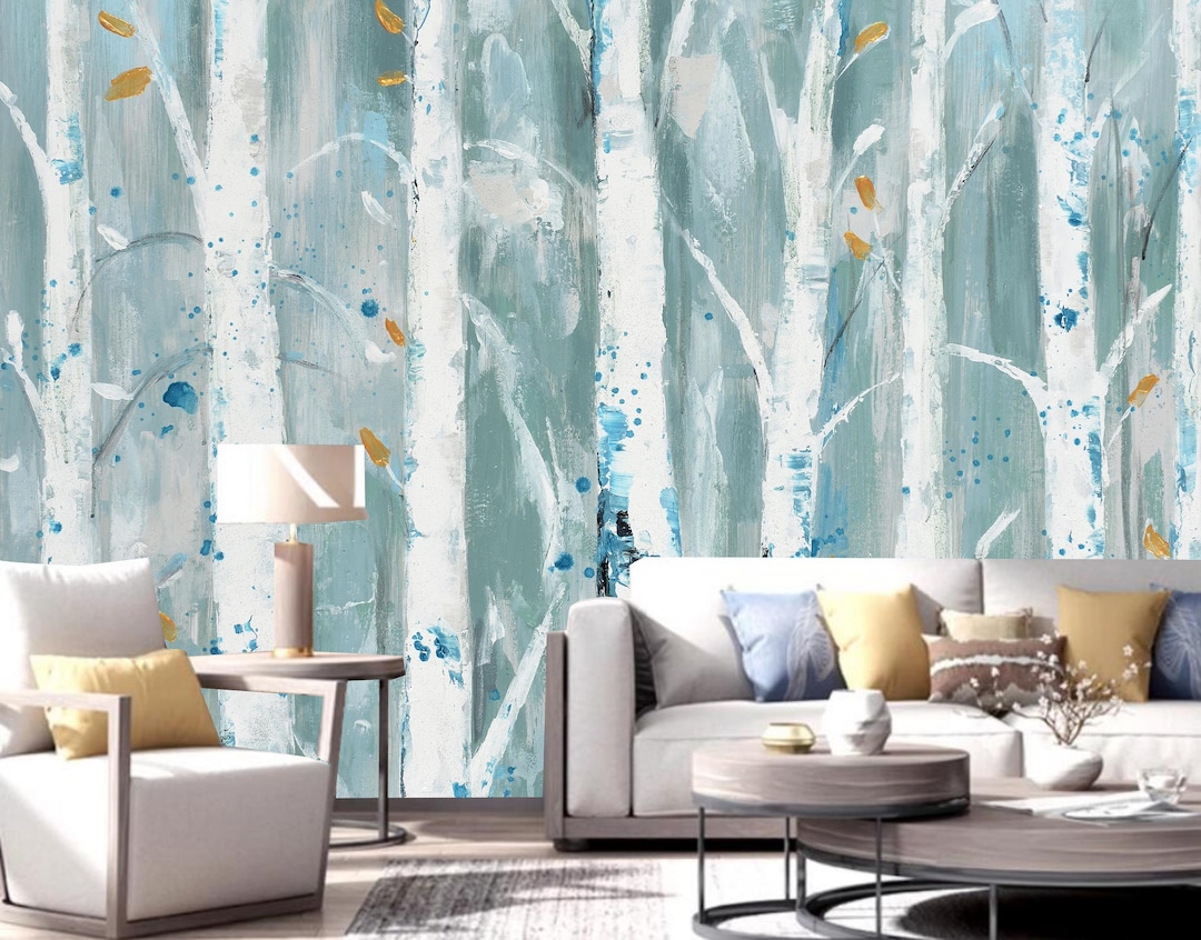Mint Green Birch Tree Forest Wallpaper Mural - Peel and Stick - Etsy