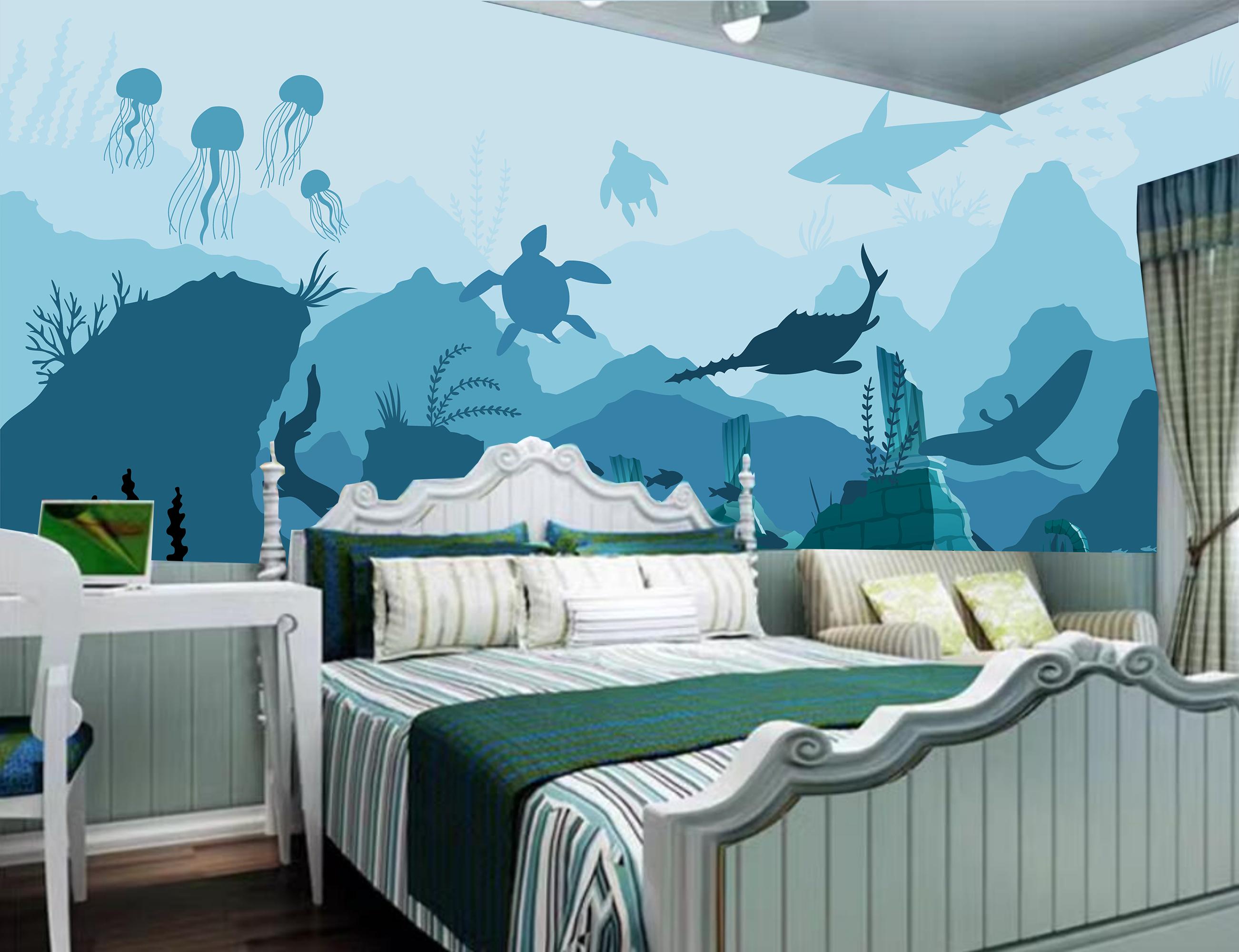 Cartoon Blue Seaworld Fish Jellyfish Nursery Wallpaper Wall Mural Wall ...