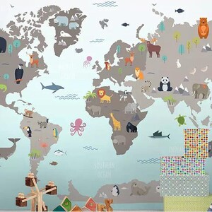 Cartoon World Map Wallpaper, Animals Cartoon Map Wall Mural, Cartoon ...