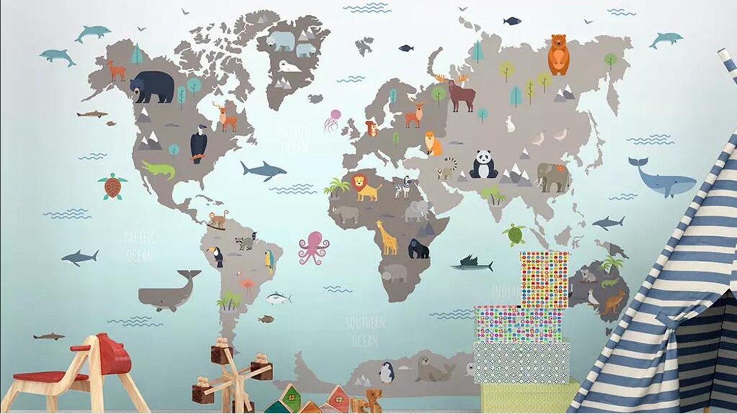 Cartoon World Map Wallpaper Animals Cartoon Map Wall Mural - Etsy