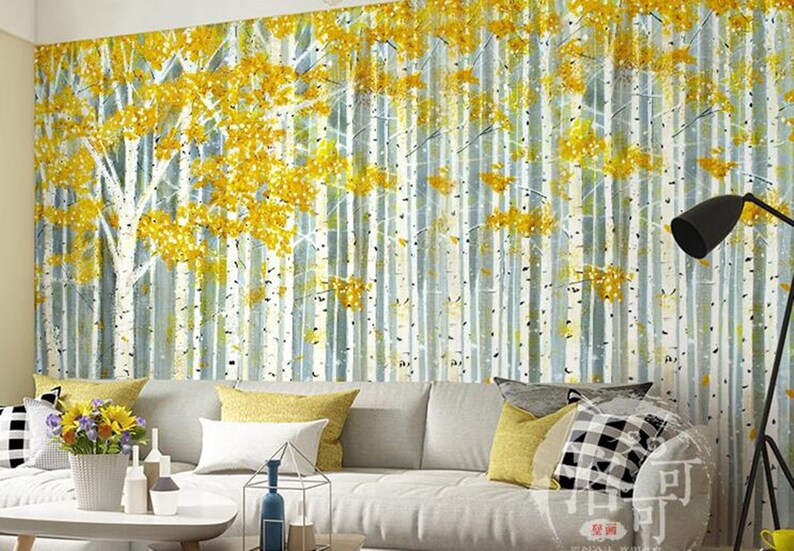 American Style Warm Color Yellow Birch Forest Wallpaper - Etsy
