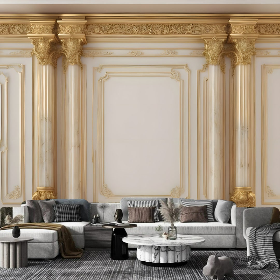 3D White Columns Luxury Golden Trims Wallpaper Wall Mural Home Decor ...