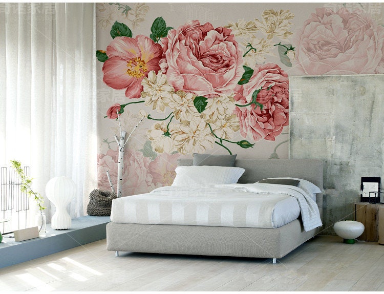 American Style Watercolor Floral Wall Wallpaper Big Flowers | Etsy