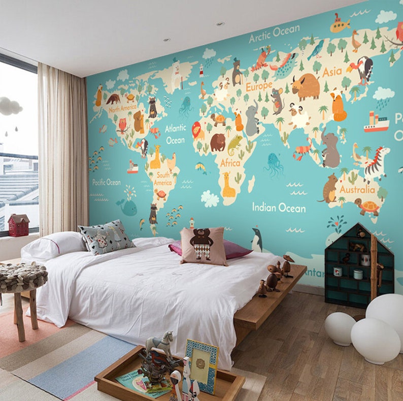 Cartoon World Map Wallpaper Animal Cartoon Map Wall Mural - Etsy UK