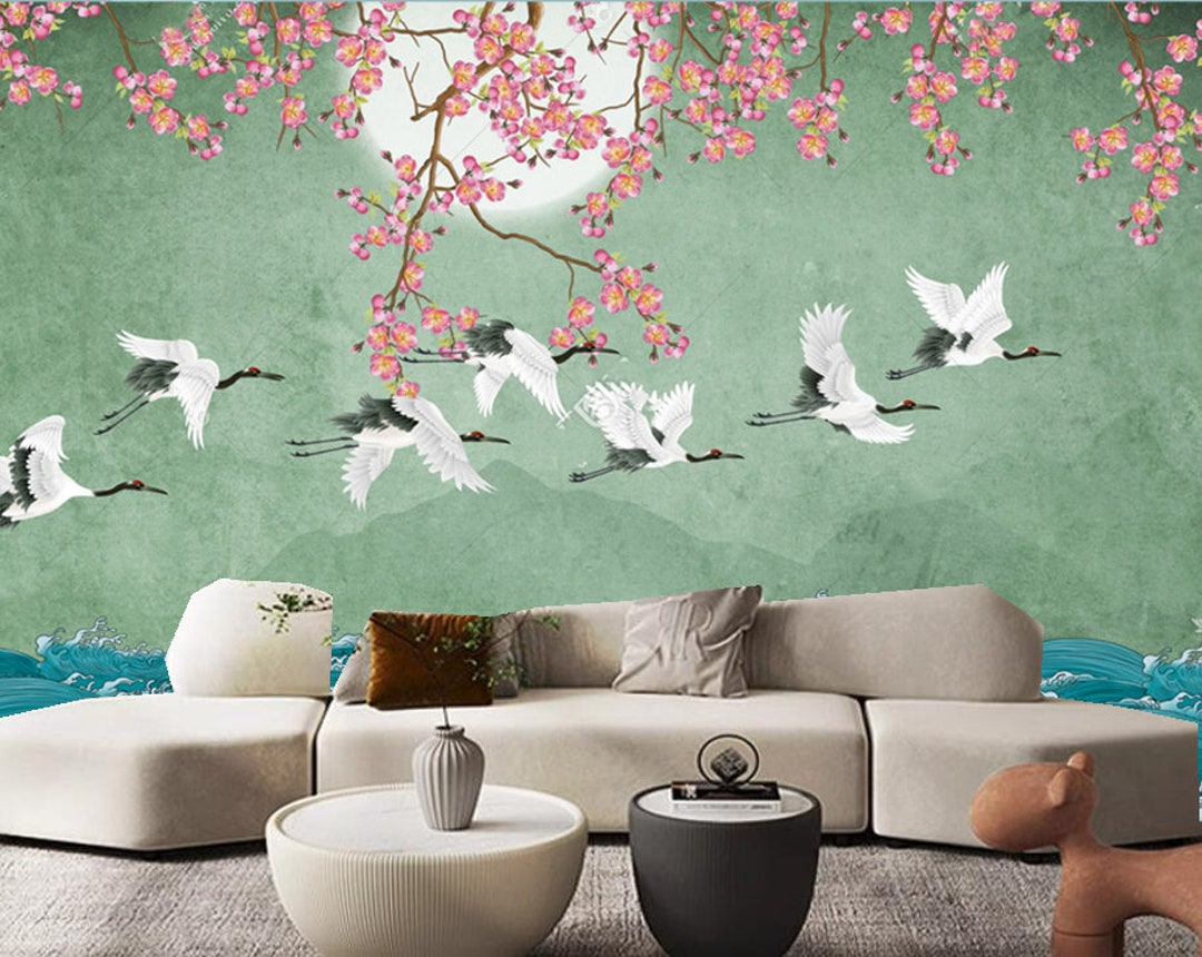 Chinoiserie Plum Blossom Crane Wallpaper Mural: Peel & Stick - Etsy UK