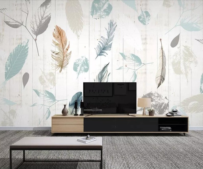 Nordic Plant Leaf Feather Modern Minimalist Wood Grain TV Background ...
