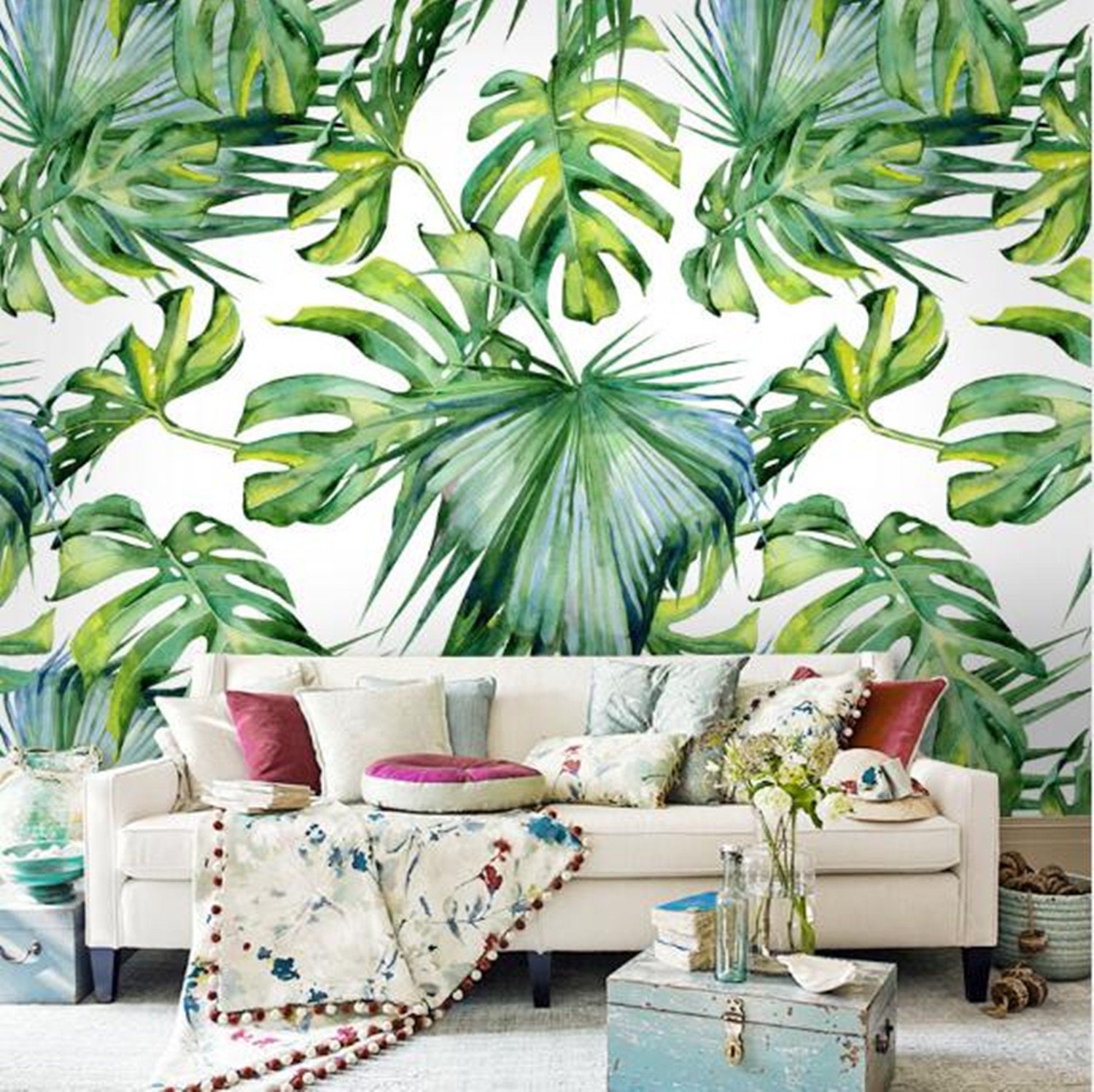Relief Light Green Leaf Wallpaper for Living Room Bedroom Mural Wall ...