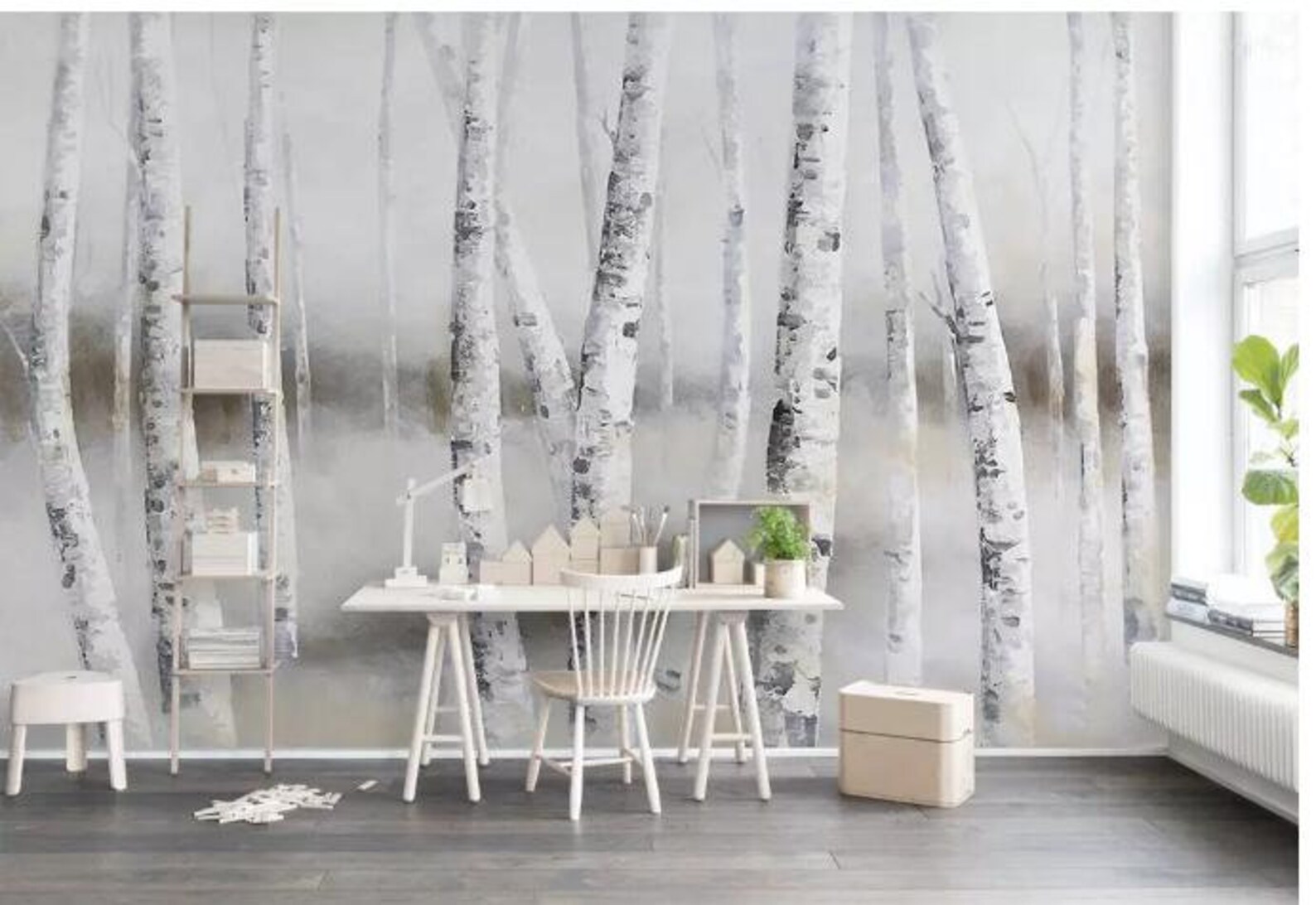 Oil Painting Huge Trees Forest Birch Forest Wallpaper Wall | Etsy