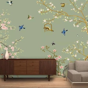 Hand Painted Vine Flower Tree Wallpaper Wall Murals, Vine Flowers Birds ...