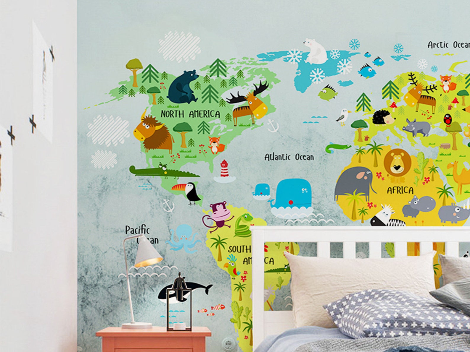 Cartoon World Map Wallpaper Animals Cartoon Map Wall Mural | Etsy