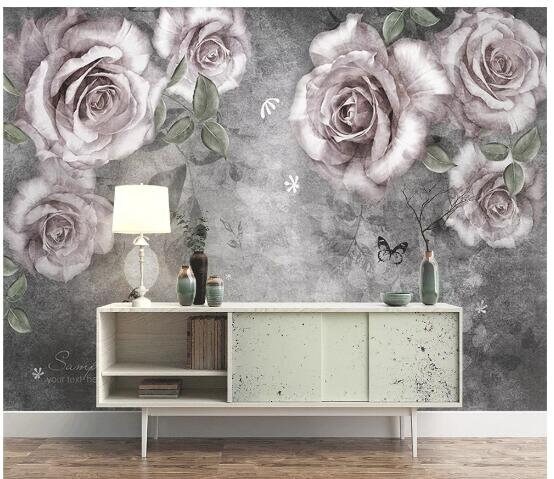 Grey Bkacground Pink Flowers Floral Wallpaper Hand Painted | Etsy