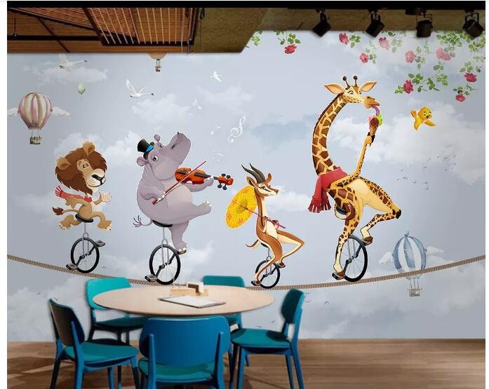 Cartoon Animal Riding Bike Wallpaper Deer Elephant Bear and | Etsy