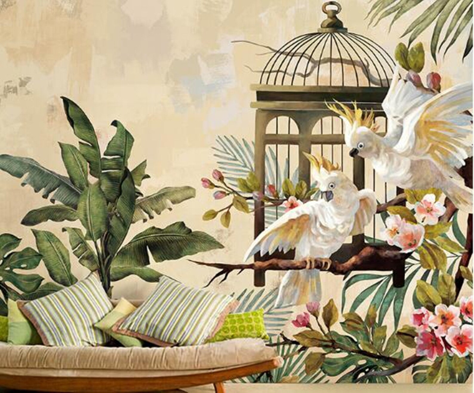 Oil Painting Two Vivid Parrots Wallpaper Wall Mural | Etsy