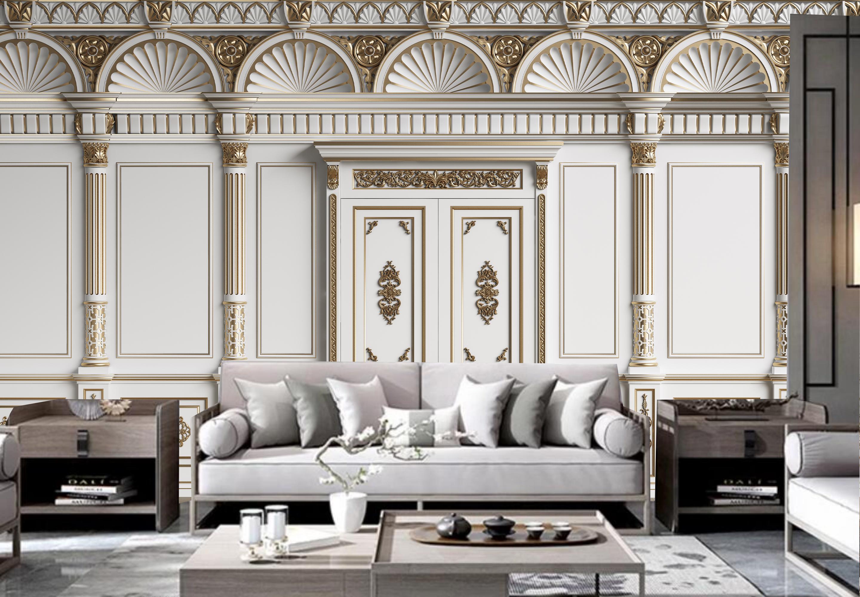 Classic Interior Walls Wallpaper Mural: 3D White & Gold Ornate ...