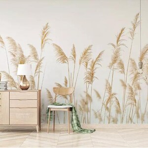 Fresh Handpainted Simple Reed Wallpaper, Autumn Yellow Reed Wall Mural ...