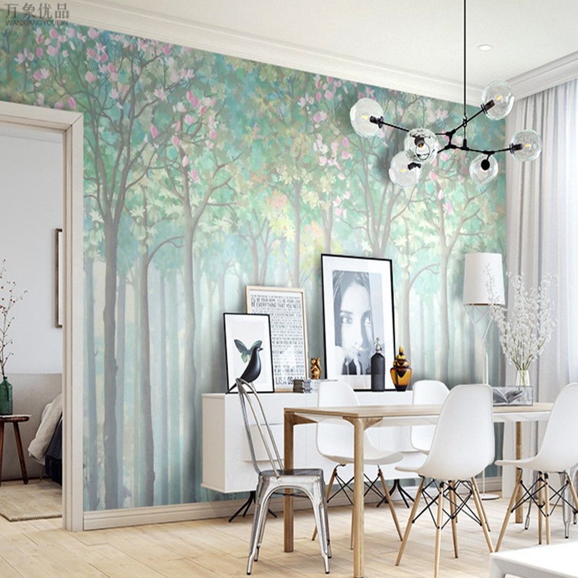 Hand Paint Northern European Birch Forest Wallpaper Green | Etsy