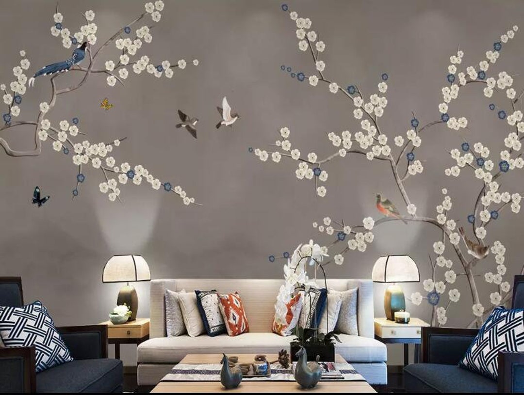 Chinoiserie Brushwork Plum Tree Wall Murals, White Flowers Floral Wall ...