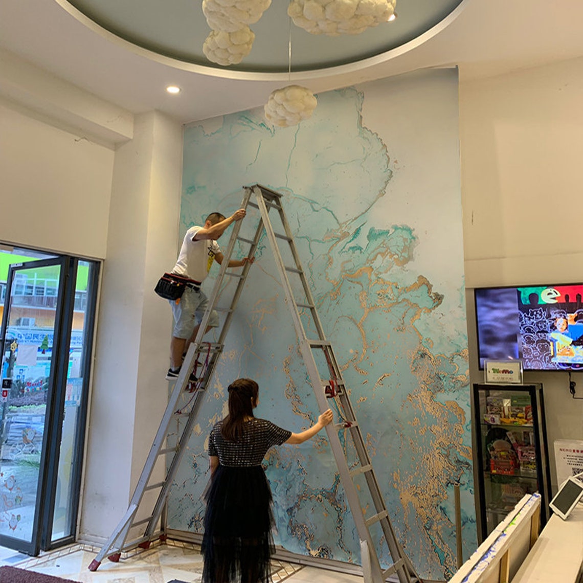 Simple Marble Wallpaper Blue Marble Gold Wall Murals Wall - Etsy