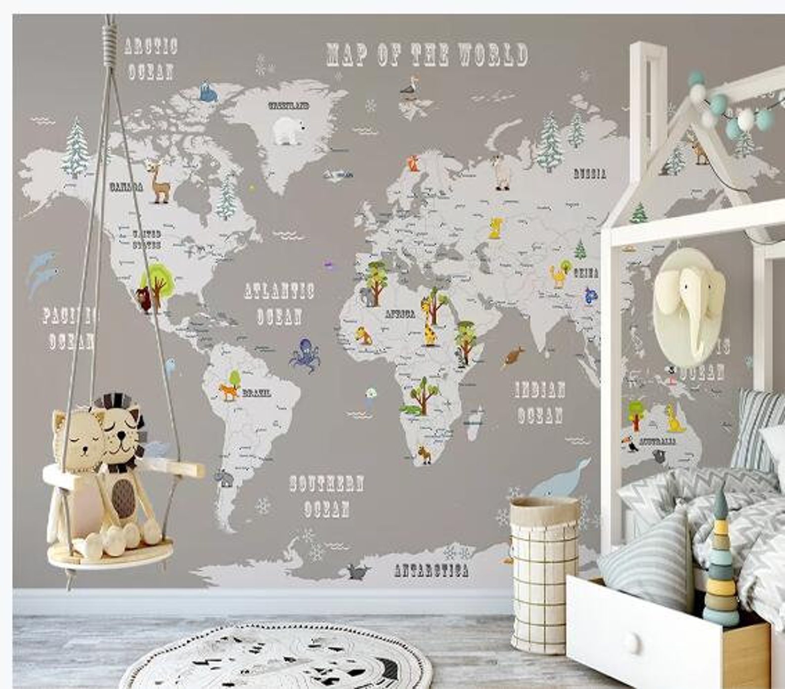 Cartoon World Map Wallpaper Animal Cartoon Map Wall Mural - Etsy