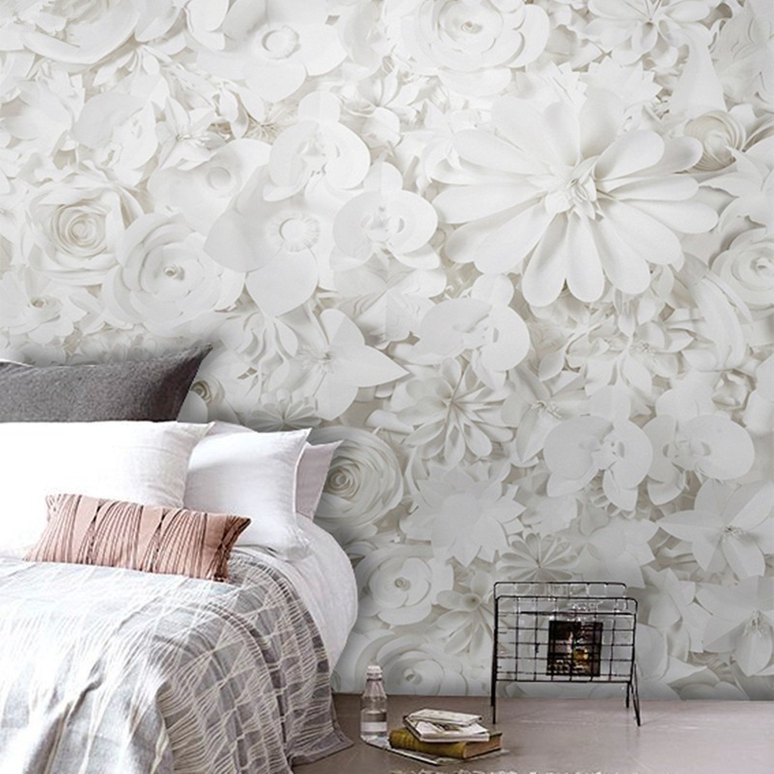 White Modern Rose Wallpaper White Big Rose Wall Mural Living | Etsy