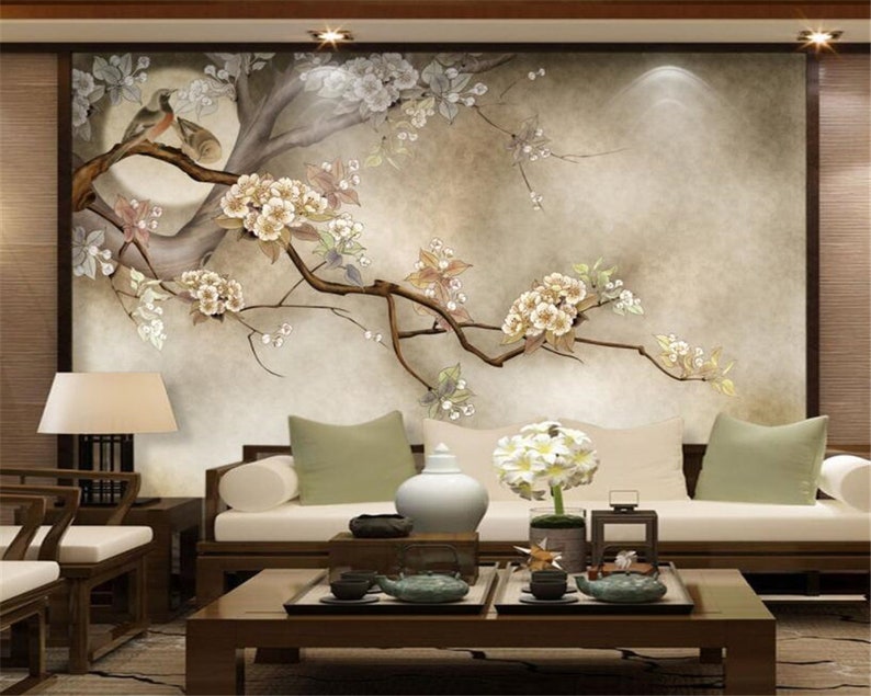 Modern Home Decoration Mural Flowers and Birds Trees Living Room TV ...