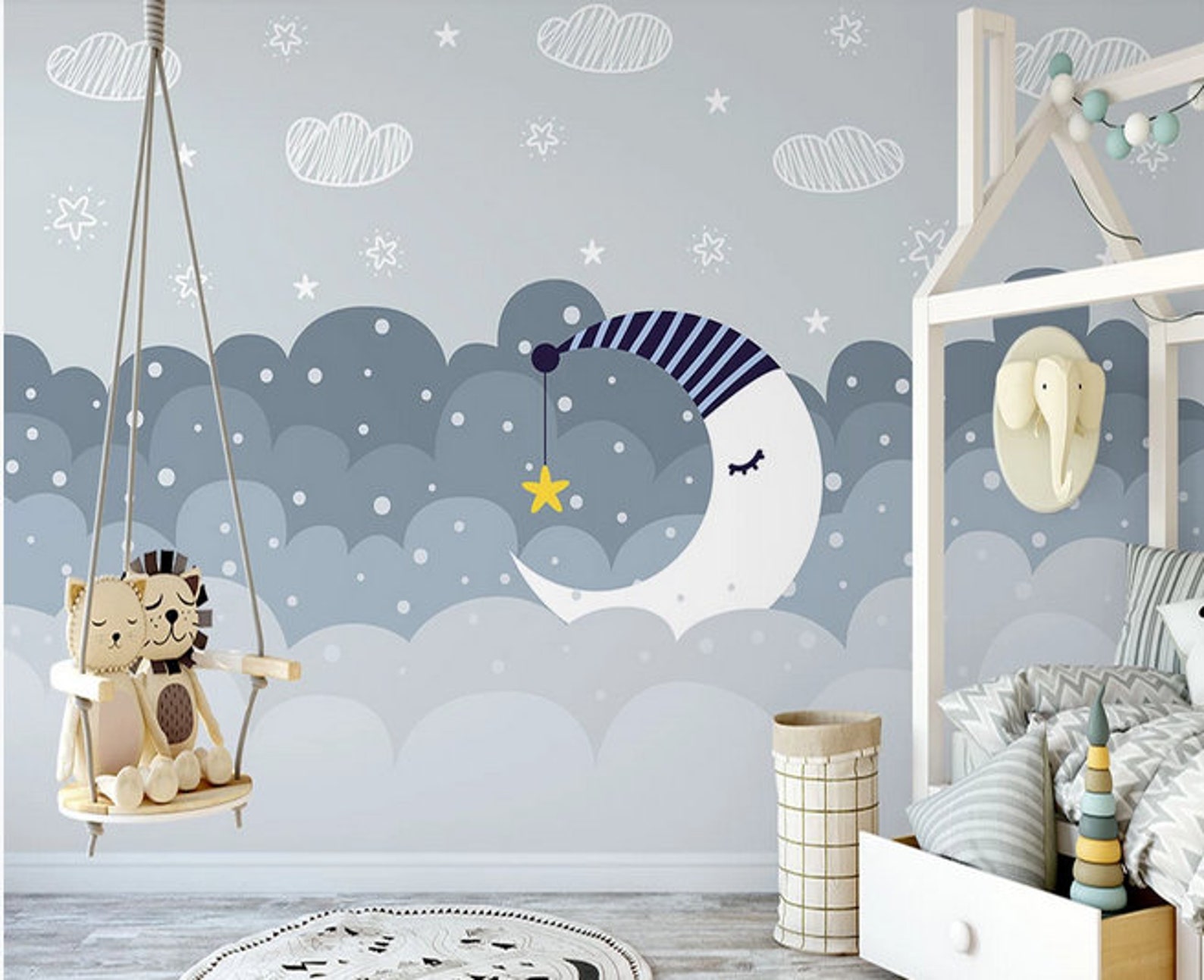 Cartoon Blue Mountains With Clouds Nursery Wallpaper Lovely | Etsy