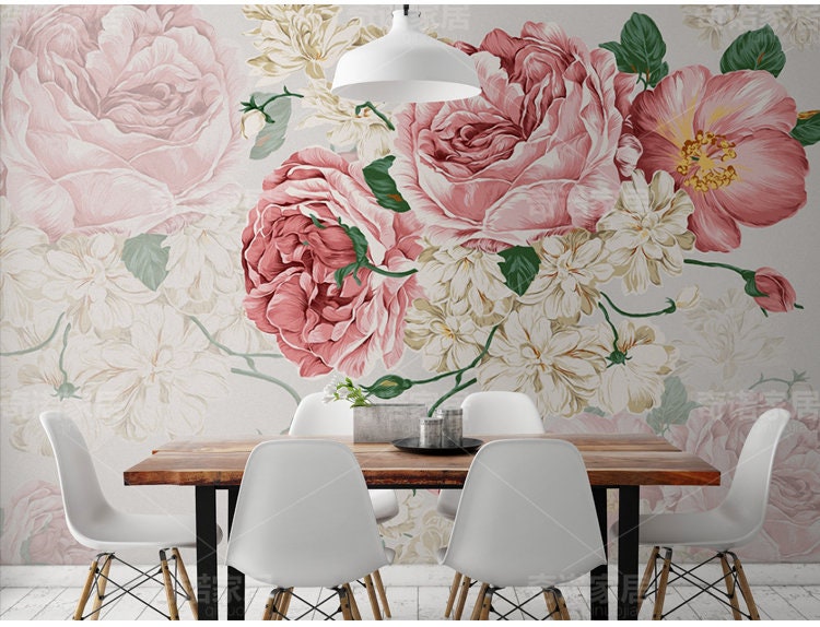 American Style Watercolor Floral Wall Wallpaper Big Flowers | Etsy