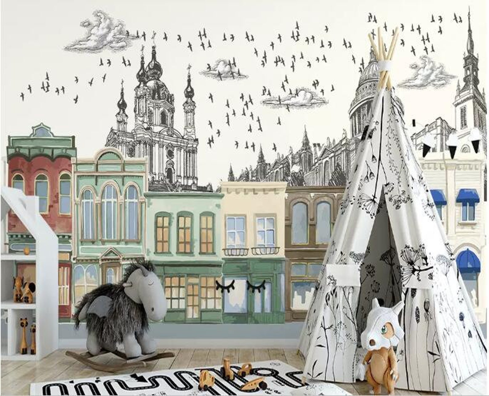 Hand Painted Cartoon Abstract Buildings Wallpaper Flying - Etsy